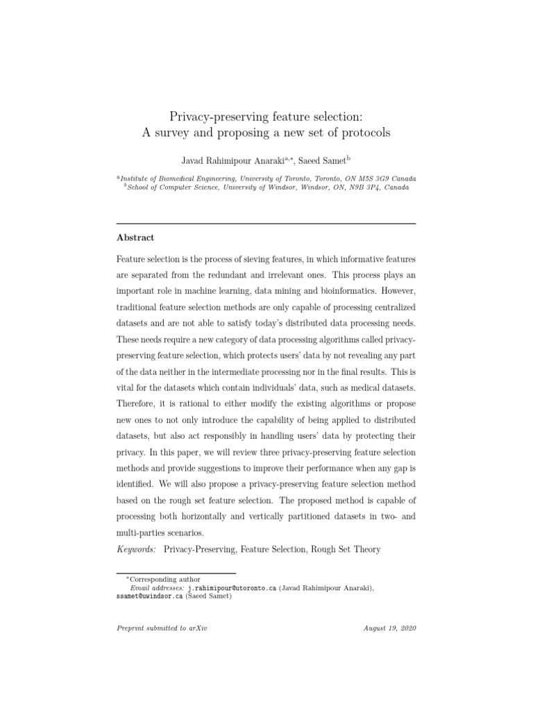 Privacy-Preserving Feature Selection A Survery-2020 | PDF | Machine ...