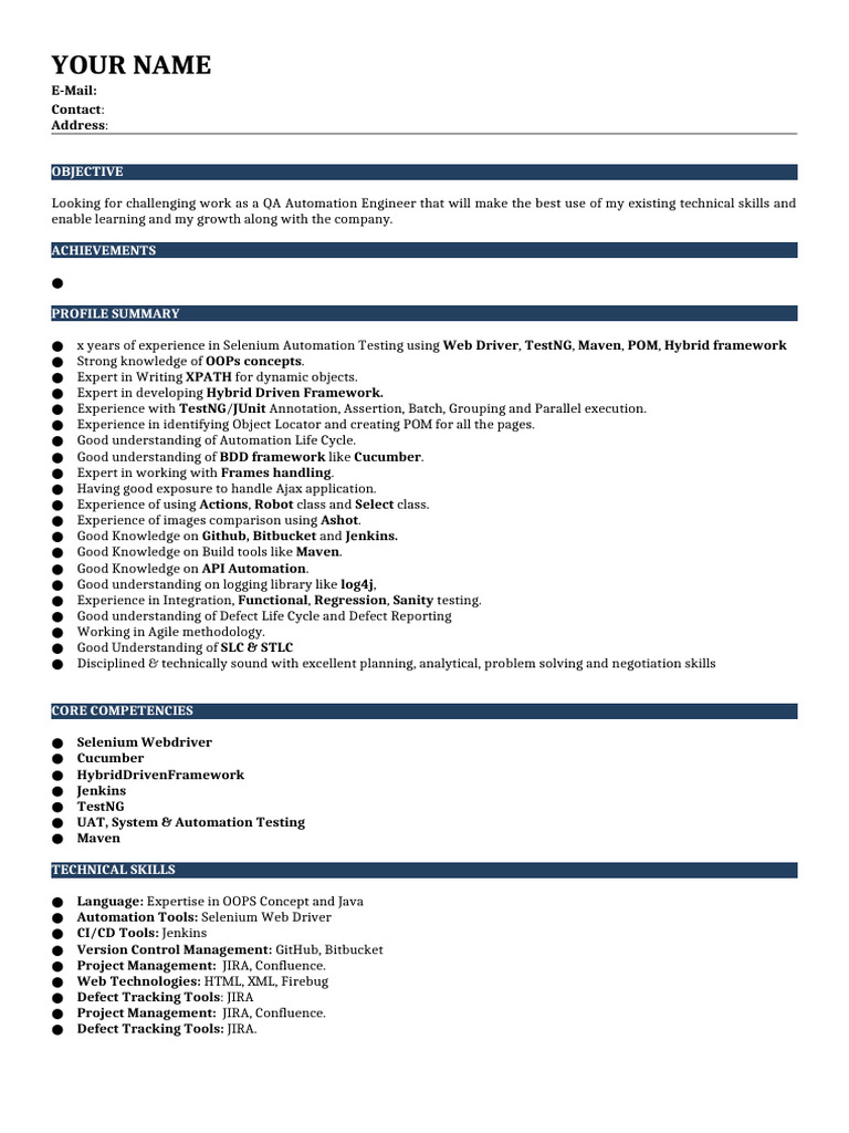 Resume_Template_QA_Automation_2 | PDF | Selenium (Software) | Software ...