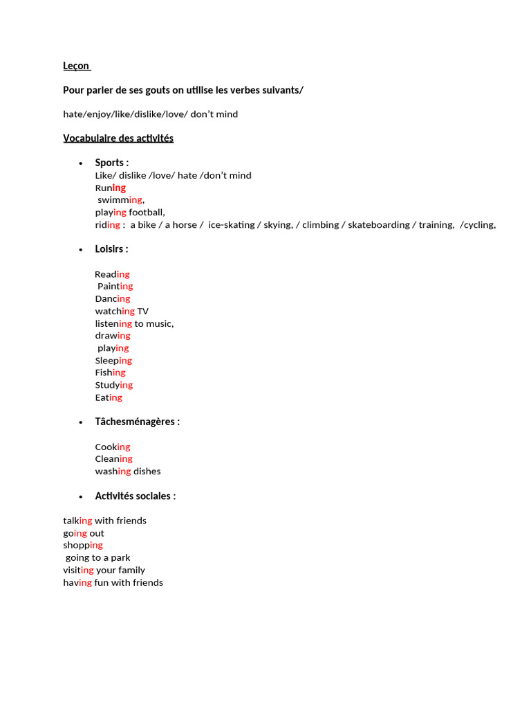 Lecon + Vocabulaire Des Activités | PDF