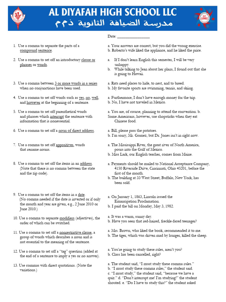 Year 8 Comma Rules Practice | PDF | Comma | Language Mechanics