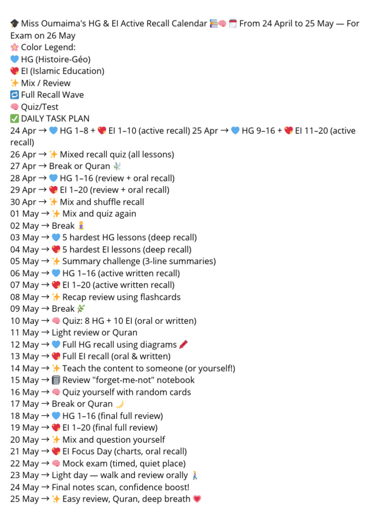 ? HG & EI Active Recall Calendar ?? ? From 24 April To 25 May - For ...