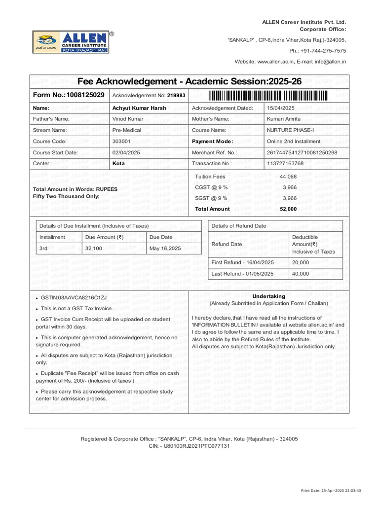 ALLEN Fee Receipt 2025-26 Acknowledgment | PDF | Receipt | Taxation