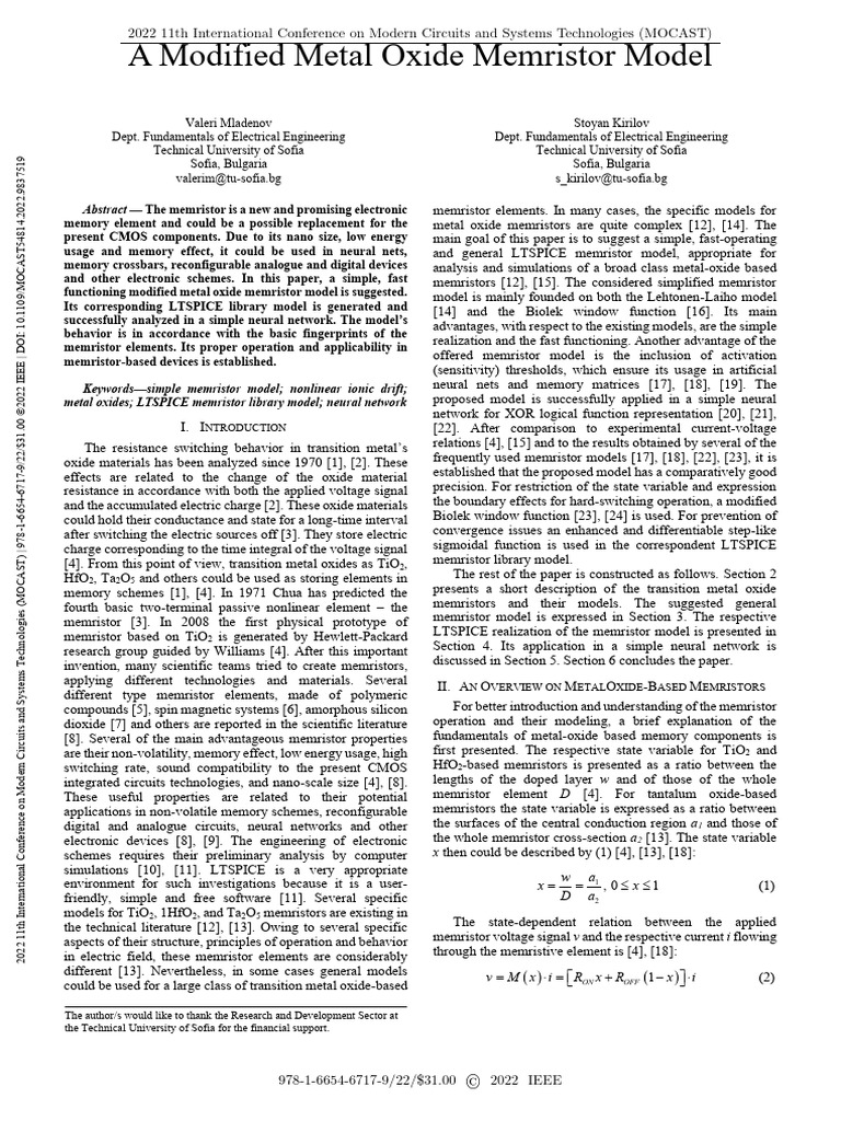 A Modified Metal Oxide Memristor Model | PDF | Electricity | Electronic Engineering