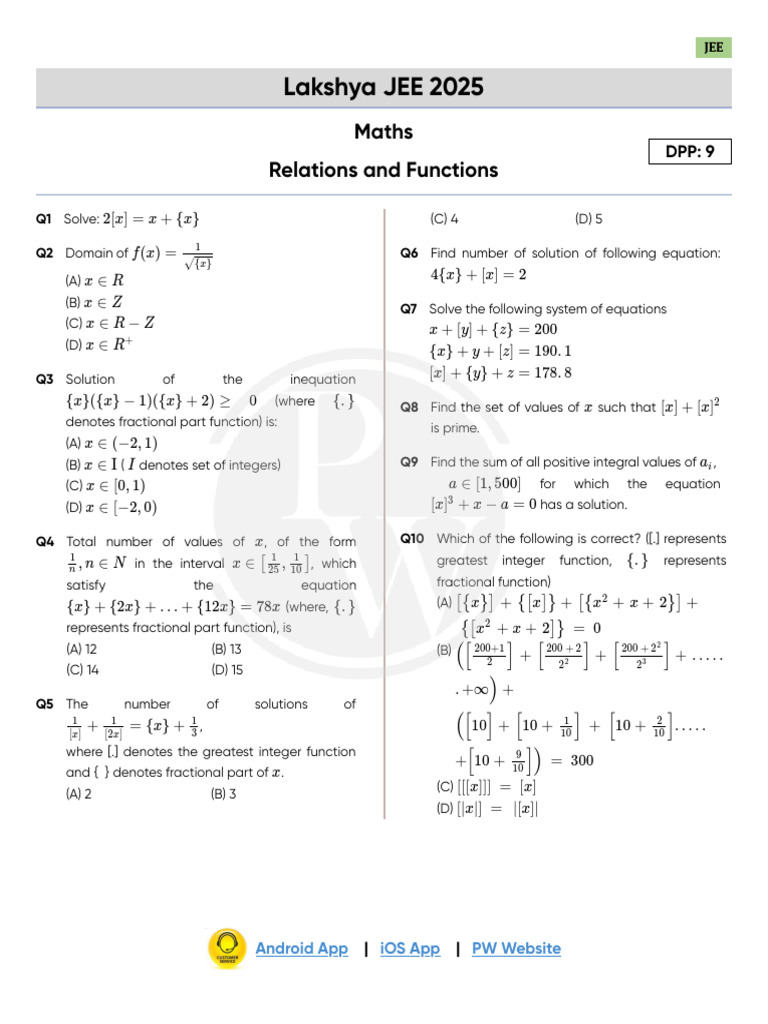 Nctions - DPP 09 (Of Lec 13) - Lakshya JEE 2025 | PDF | Functions And Mappings | Elementary ...