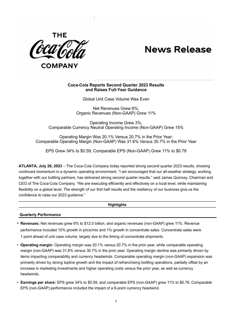 Coca-Cola 2023 Q2 Earnings Release - Full Release - 7.26.23 FINAL | PDF | Equity (Finance) | Income