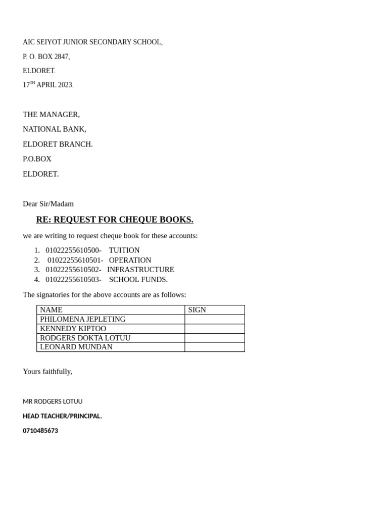 Request for Cheque Books - AIC Seiyot School | PDF
