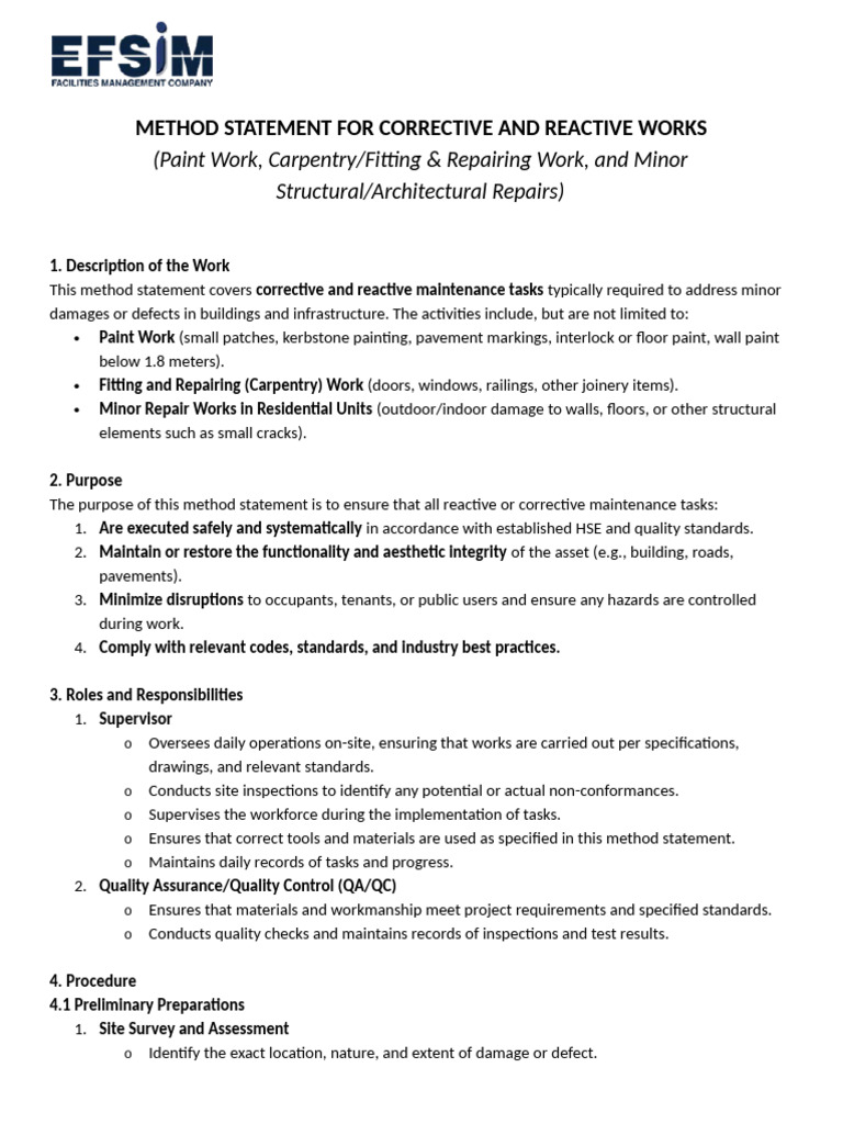 Method Statement For Corrective and Reactive Works | PDF | Paint ...
