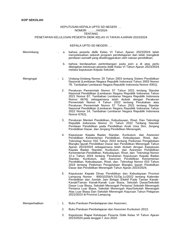 Penetapan Kelulusan Kelas Vi 2024 Pdf