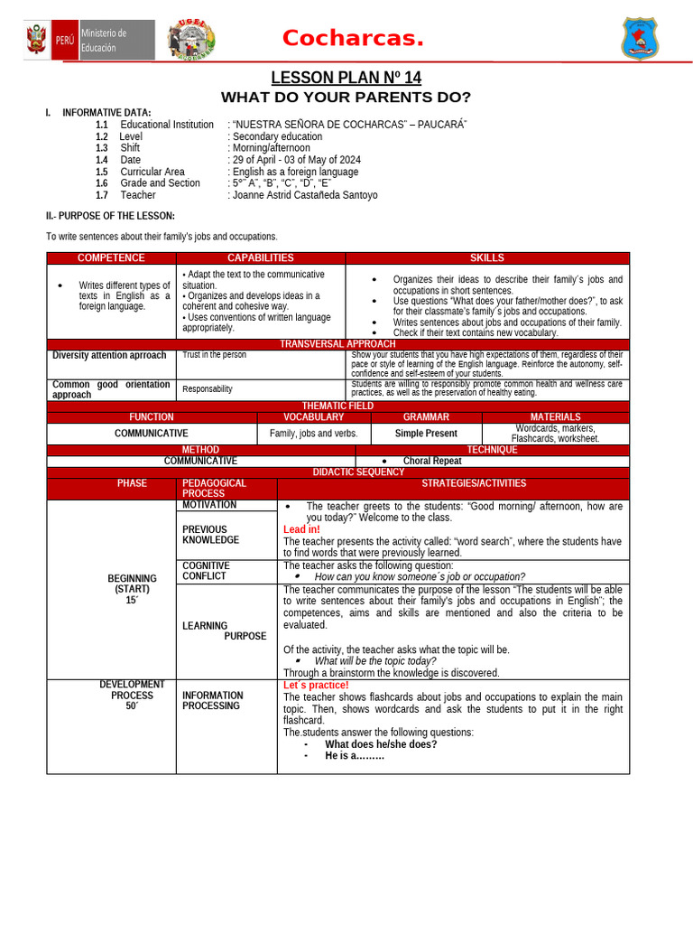 14 Lesson Plan What Do You Do | PDF | Teachers | English Language