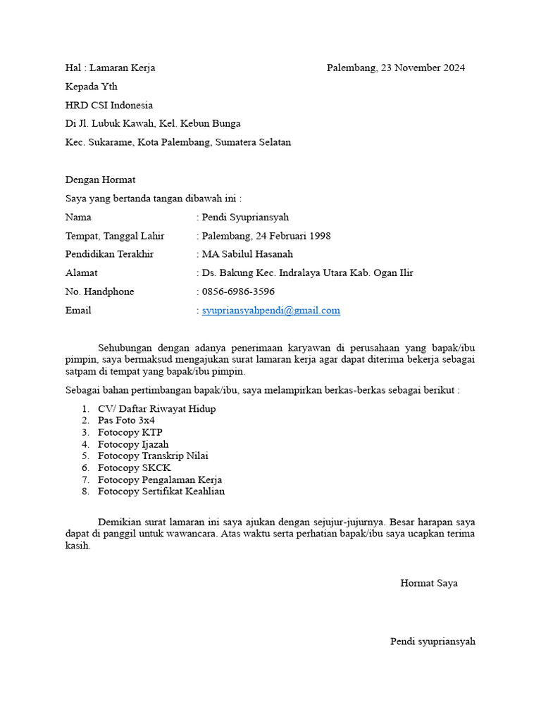 Surat Lamaran Pendi | PDF