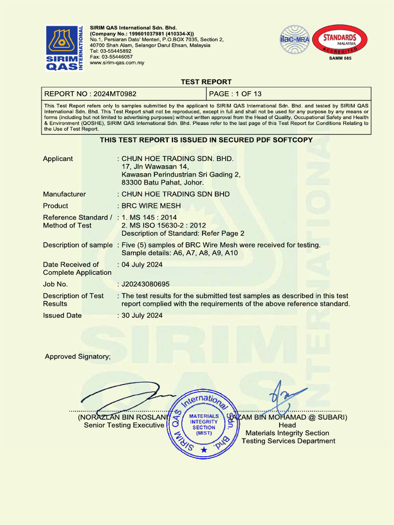 Sirim Report - A10 | PDF