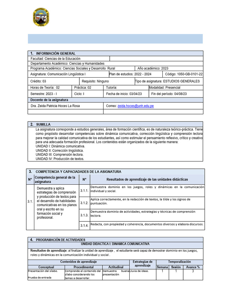 Sílabo Comunicación Linguística I - VÁLIDO - 2023 - 1 | PDF | Cognición | Aprendizaje