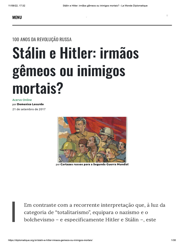 Stálin e Hitler: Inimigos Mortais, Não Gêmeos | PDF | Joseph Stalin ...