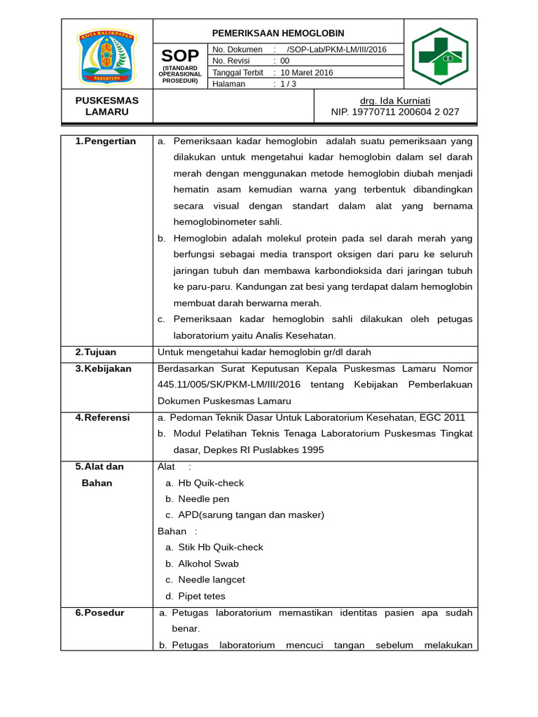 Sop 1 Pemeriksaan Kadar Hemoglobin | PDF