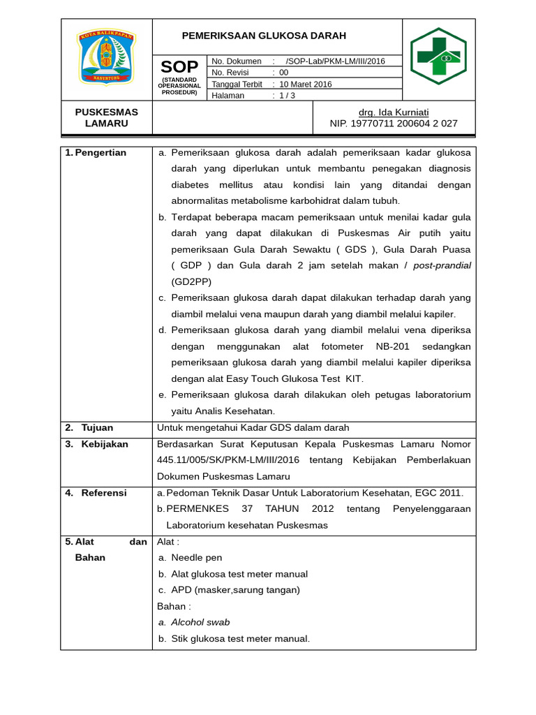 Sop 3 Pemeriksaan Glukosa Darah | PDF