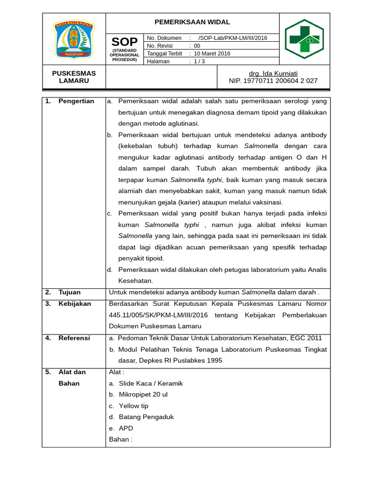 Sop 7 Pemeriksaan Widal | PDF