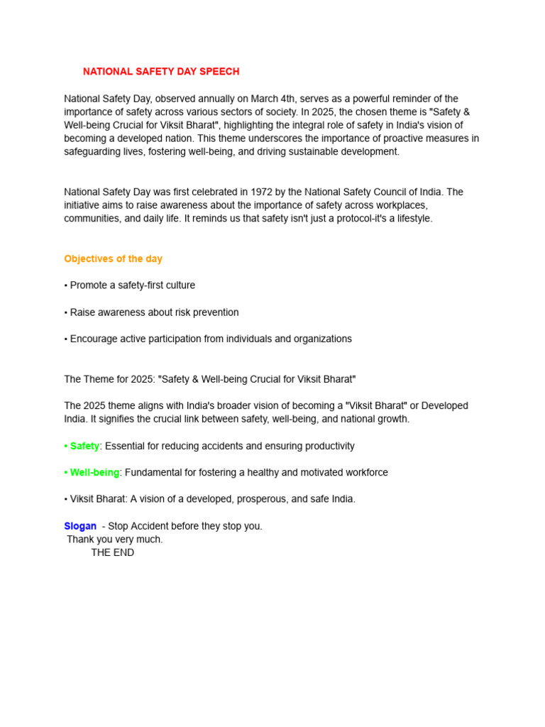 National Safety Day 2025 Speech | PDF