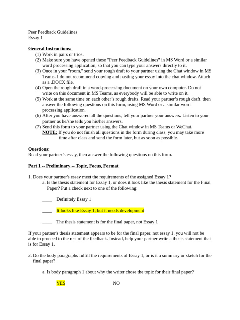 Peer Feedback Guidelines - Essay 1 | PDF | Essays | Thesis
