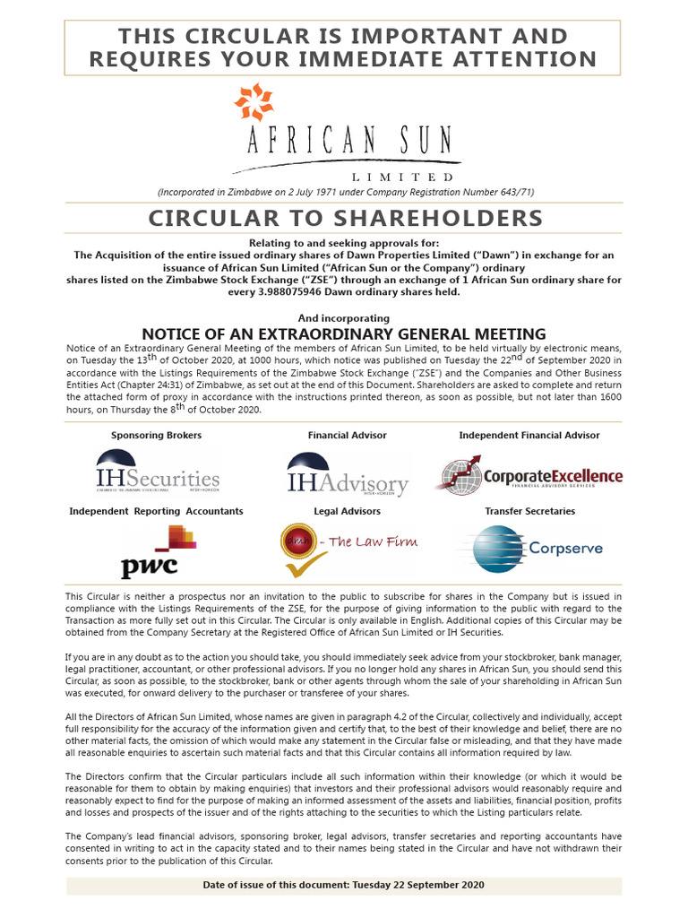 African Sun Limited Shareholder Circular | PDF | Audit | Mergers And ...