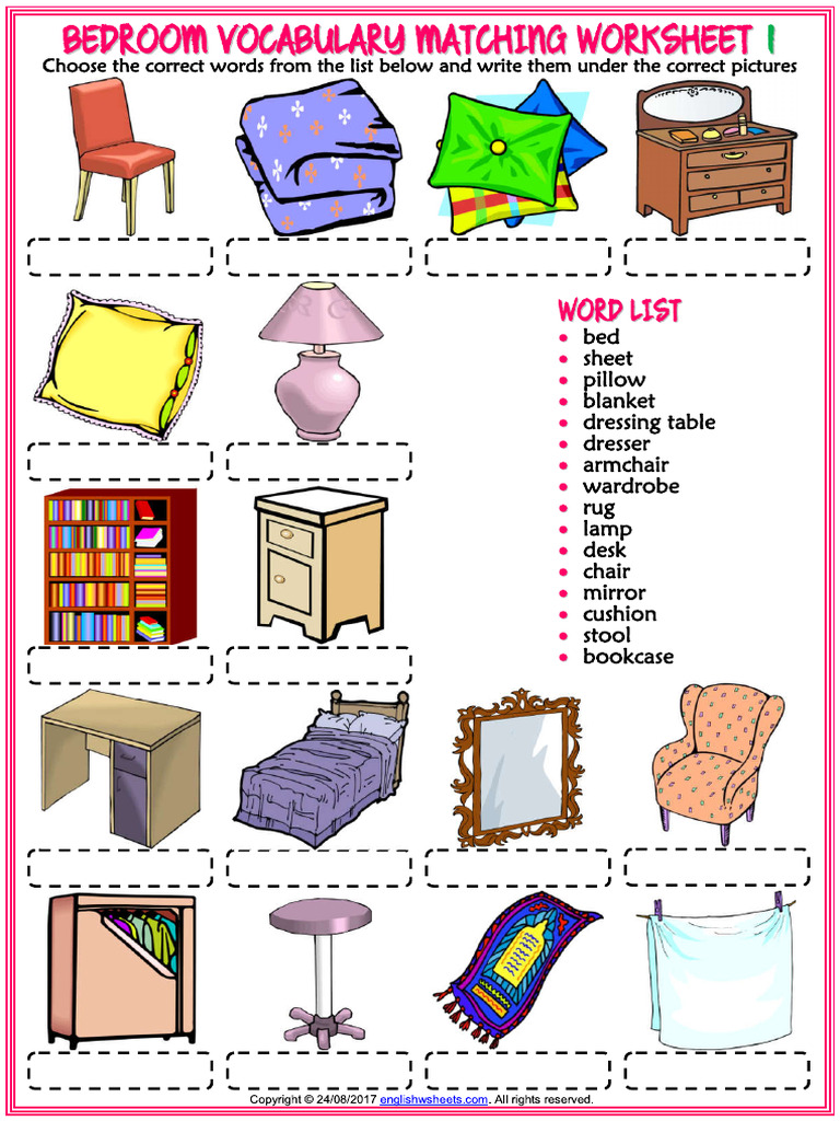 Bedroom Vocabulary Esl Matching Exercise Worksheets For Kids | PDF