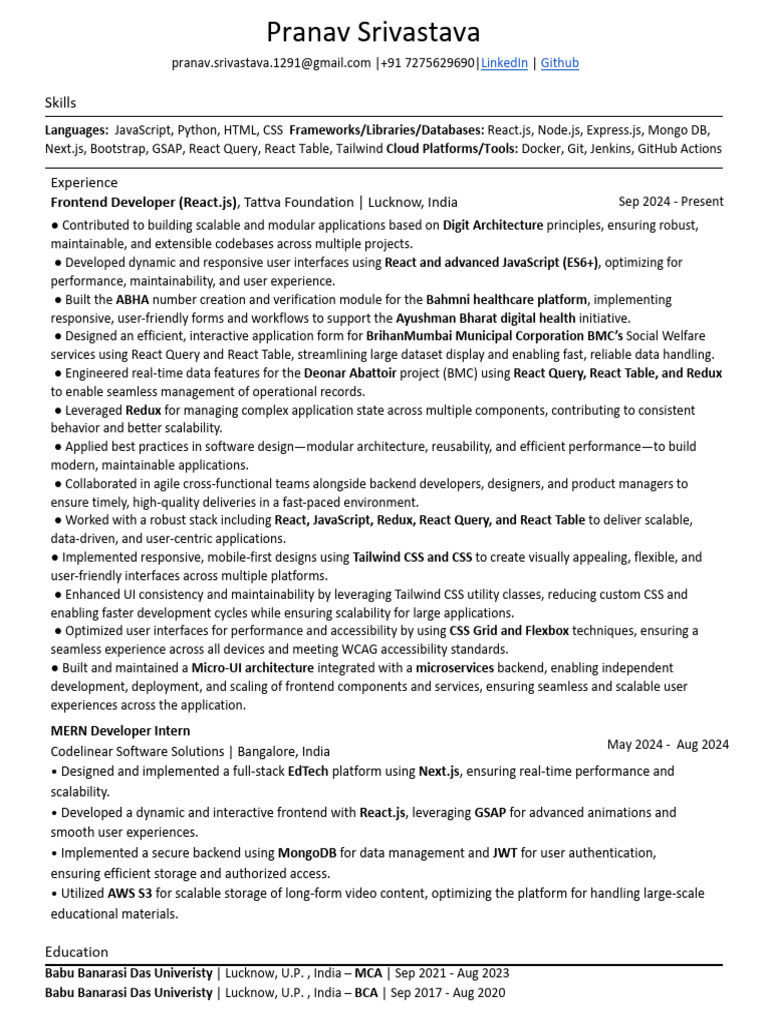 Pranav Srivastava Software Engineer Resume PDF | PDF | Scalability | Java Script