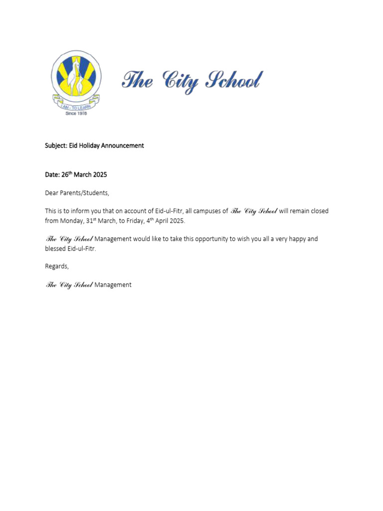 Eid Holidays Circulars | PDF
