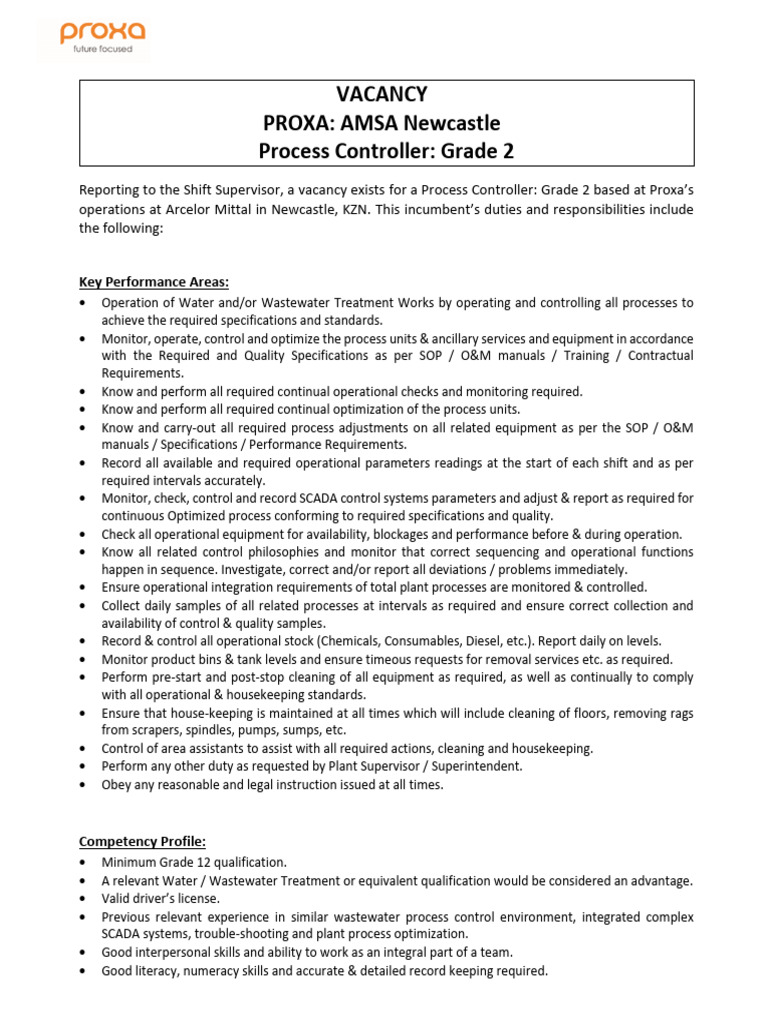 Vacancy - Grade 2 Process Controller - Newcastle | PDF
