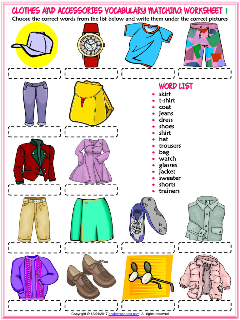 Clothes and Accessories Vocabulary Esl Matching Exercise Worksheets For ...
