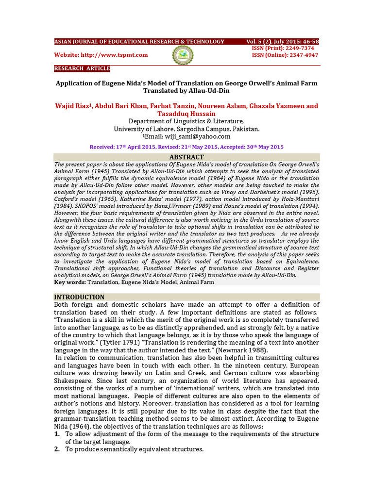 Application of Eugene Nida's Model of Translation On George Orwell's ...