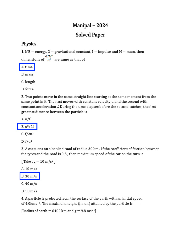 Manipal 2024 Physics Solved Paper | PDF | Inductor | Acceleration