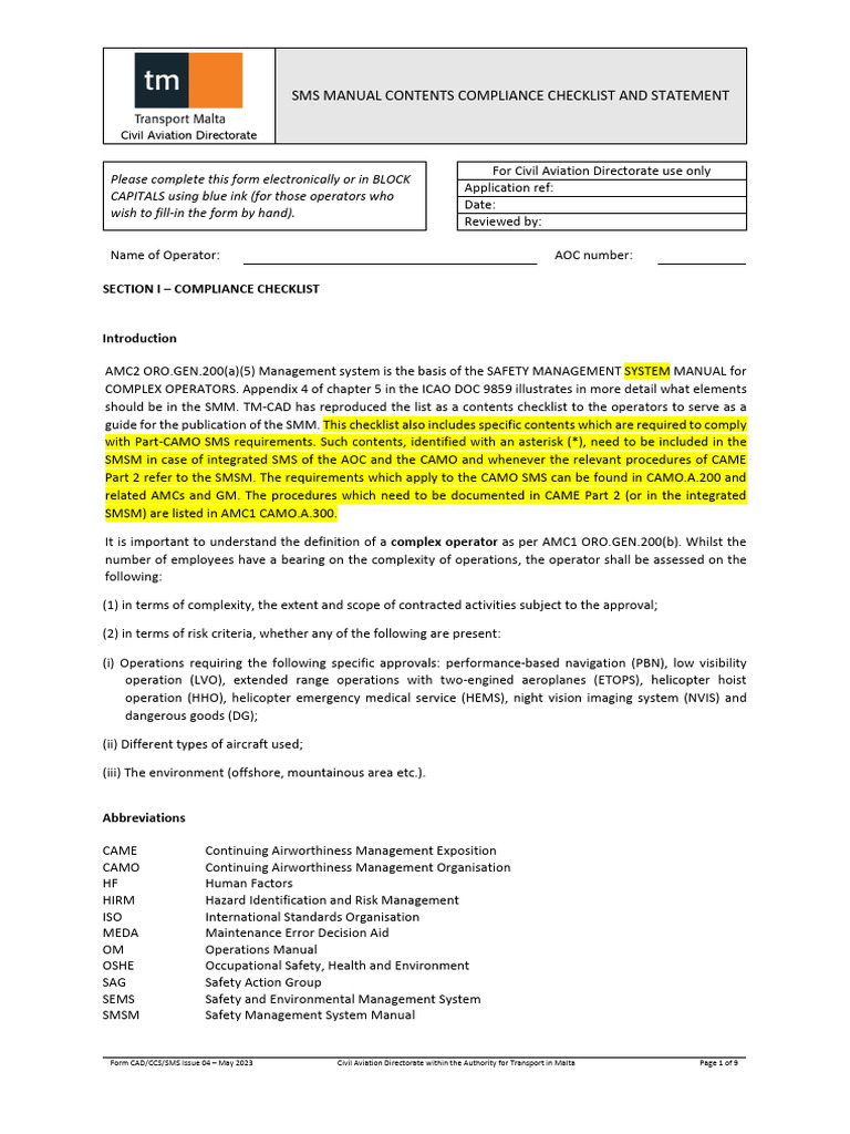SMSM Checklist Form CAD CCS SMS Issue 04 May 2023 | PDF | Risk | Safety