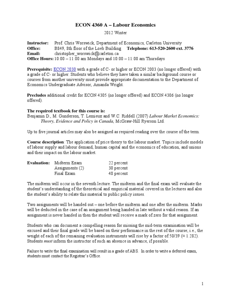 Labour Course Outline | PDF | Test (Assessment) | Labour Economics