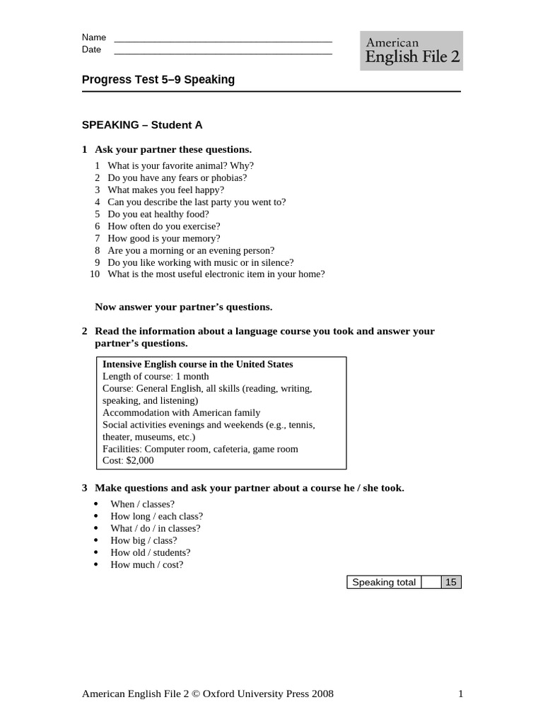 AEF 2 Progress Test 5 9 Speaking Word | PDF