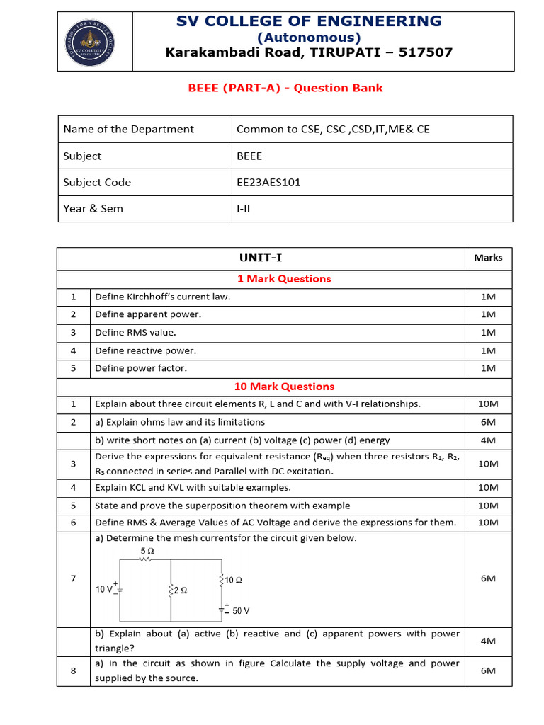 BEEE 1,2,3 Lessons (2marks) and (10 or 5 Mark) Questions? | PDF | Ac ...