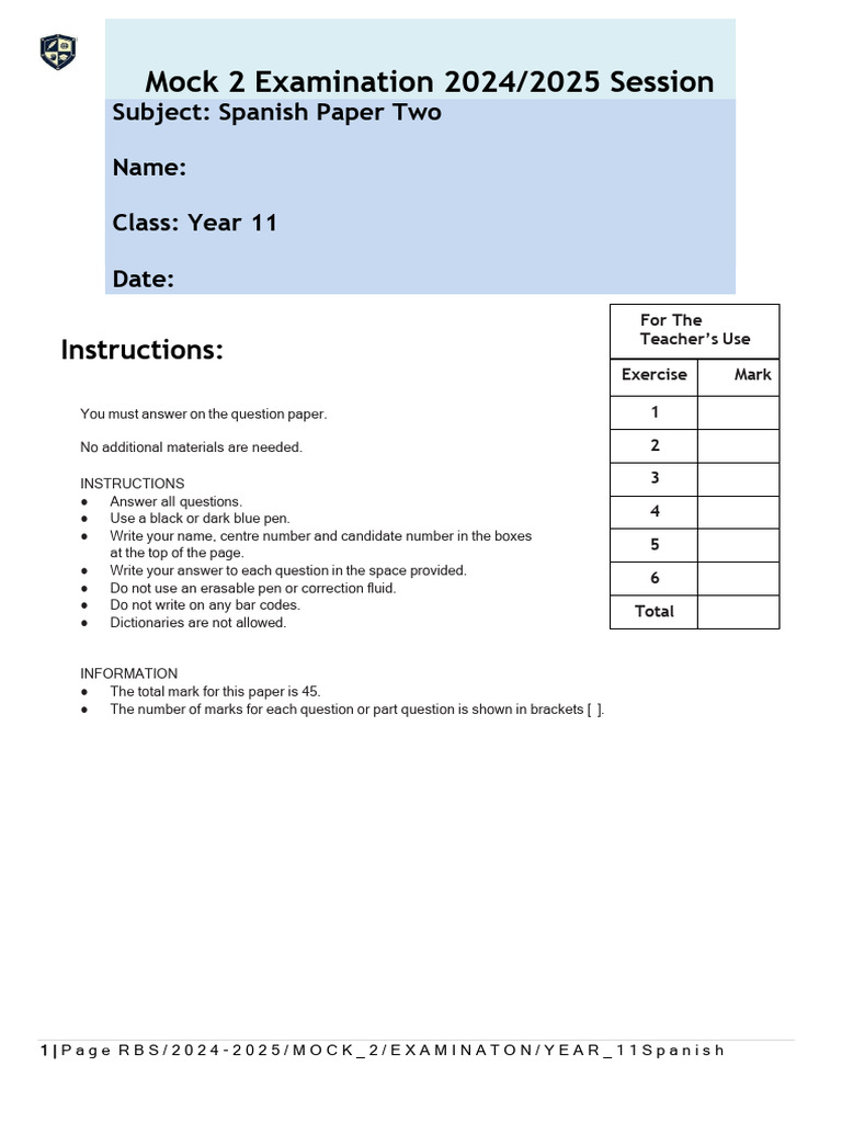 SPANISH Mock 2 Paper Two | PDF