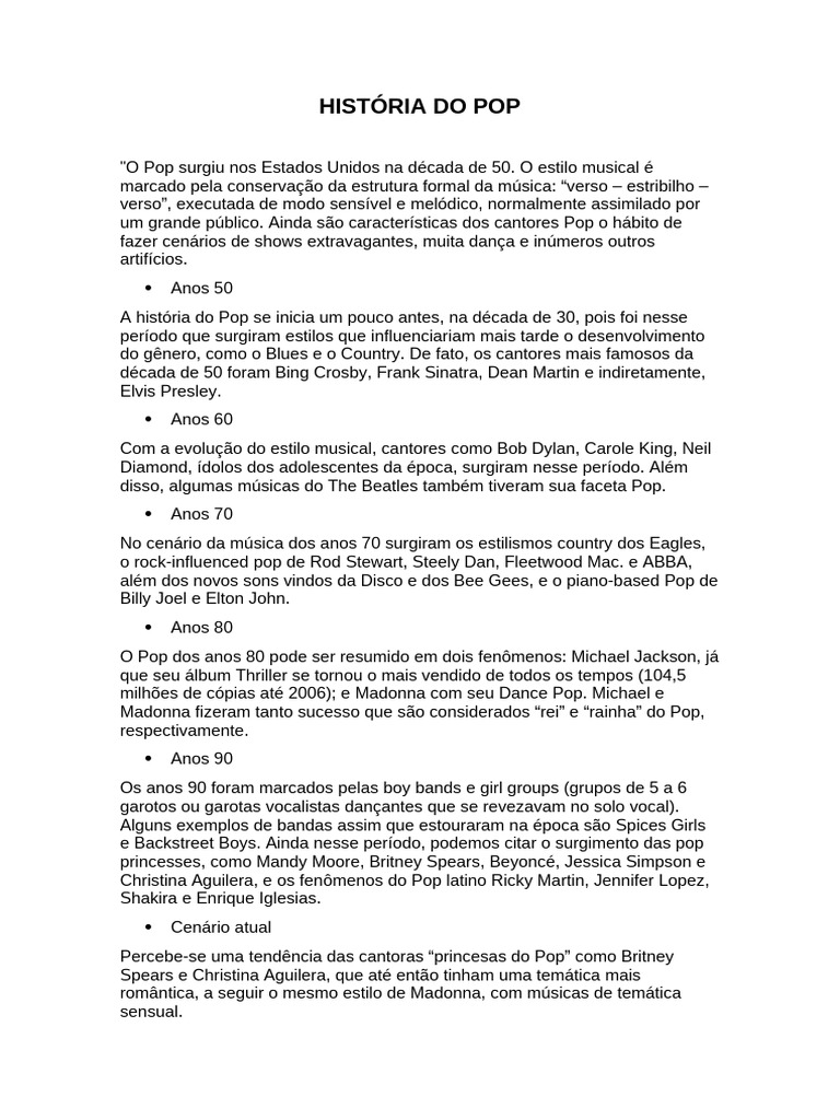 História Do Pop | PDF | Música pop | Rock (música)