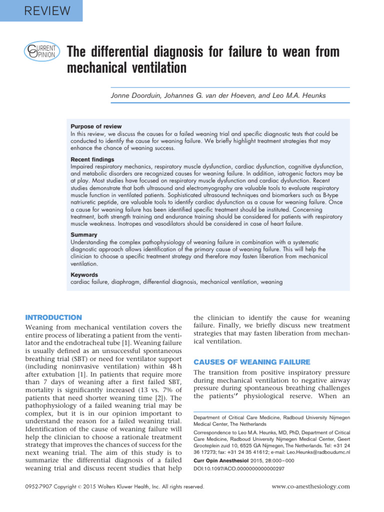 The Differential Diagnosis For Failure To Wean From Mechanical ...