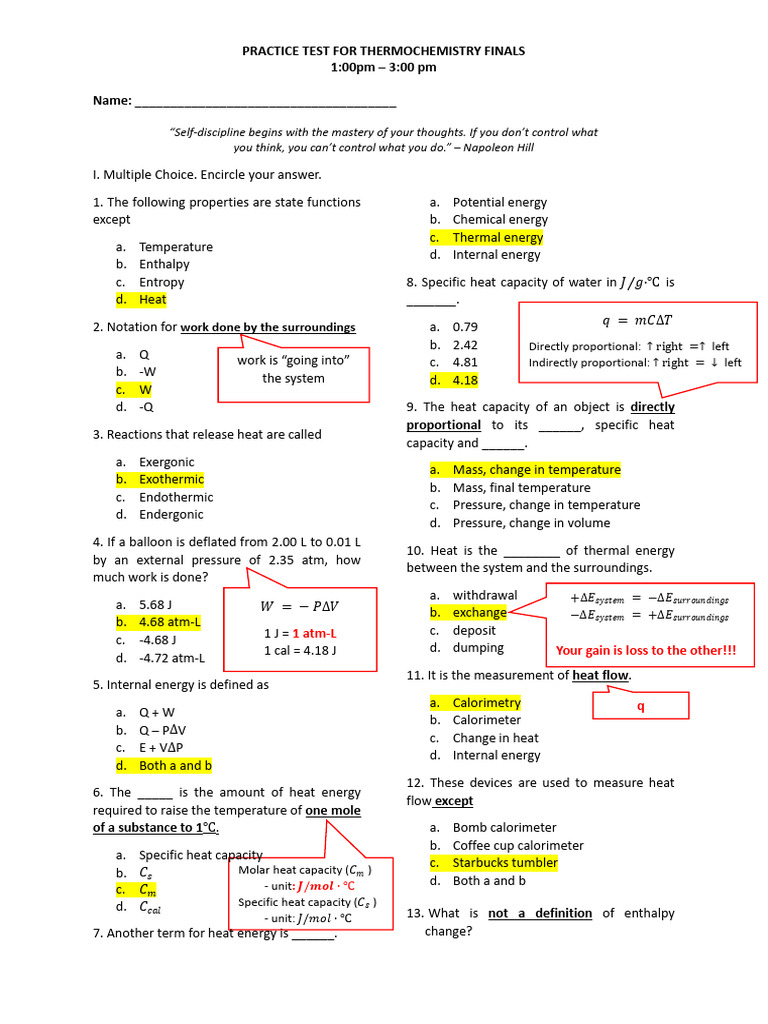 Thermochemistry Final Practice Test | PDF | Enthalpy | Heat