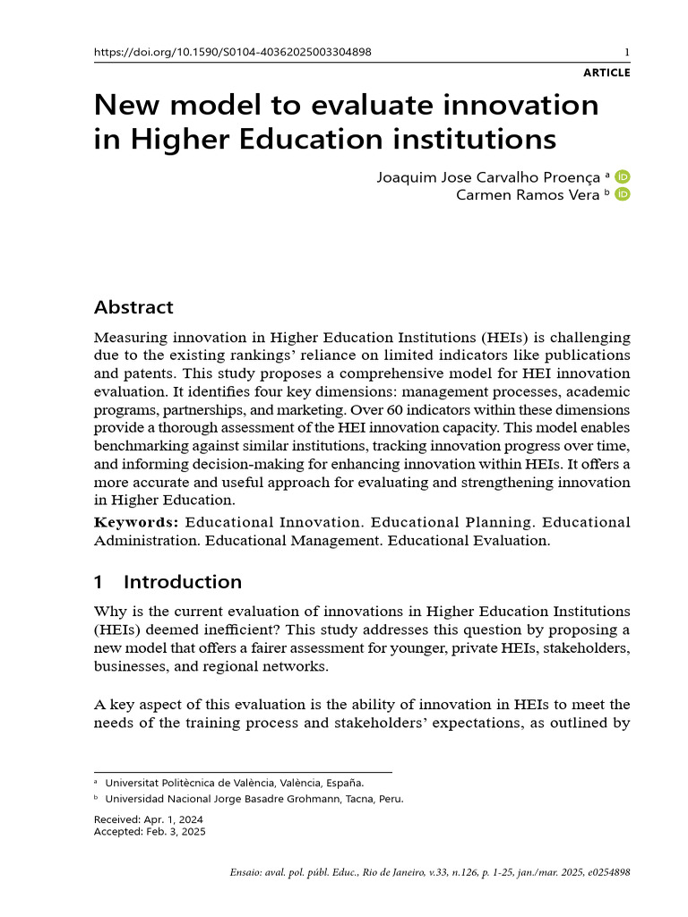 New Model To Evaluate Innovation in Higher Education Institutions | PDF ...