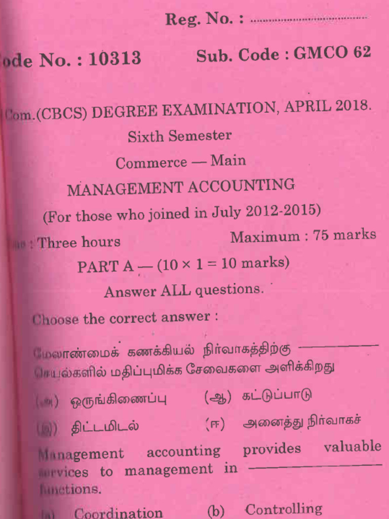 Management Accounting Previous Year Question Paper | PDF