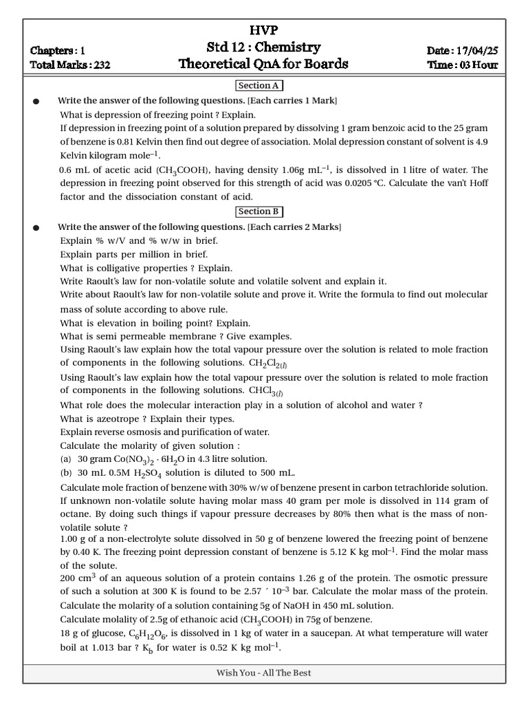 TheoreticalQnAforBoards - D17 Apr 2025 | PDF | Mole (Unit) | Solubility