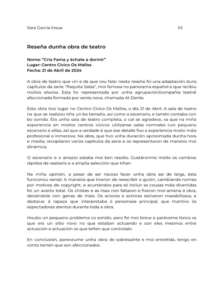 Reseña dunha obra de teatro | PDF