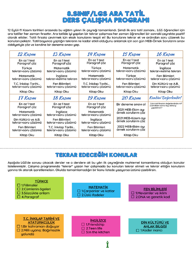 8.Sinif-LGS Ara Tatil Ders Calisma Programi | PDF