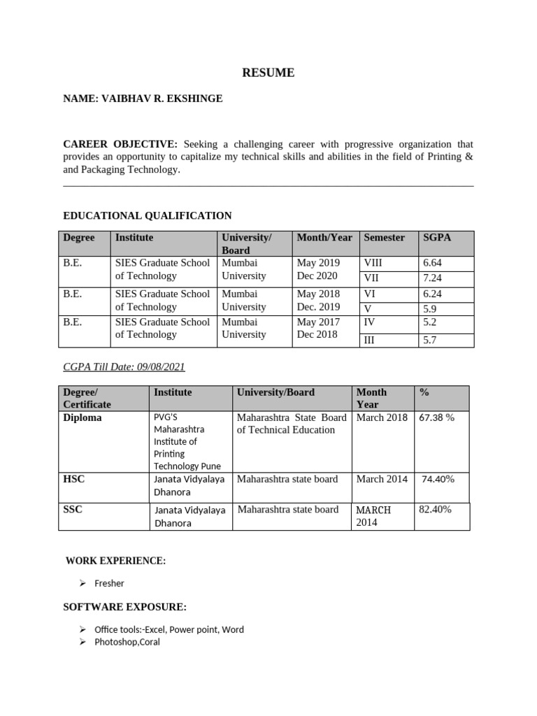 Resume__Vaibhav_Ekshinge,_Word_File[1] | PDF | Educational Stages