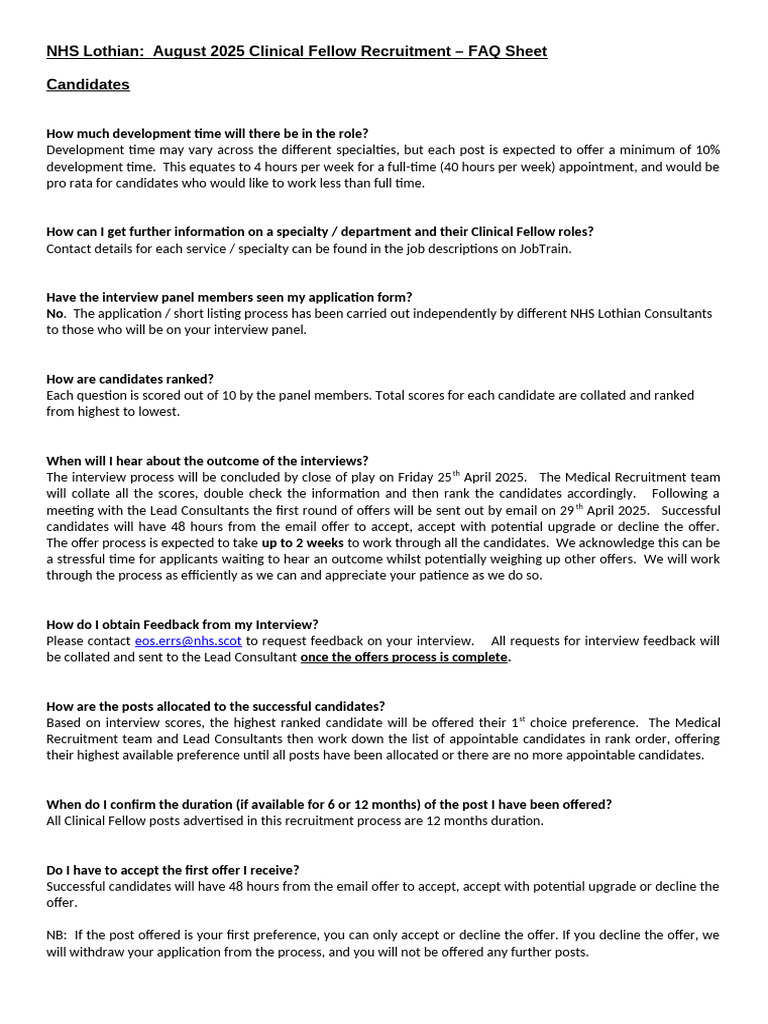 NHS Lothian Clinical Fellow FAQs 2025 | PDF | Recruitment