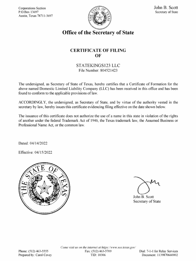 Certificate LLC | PDF