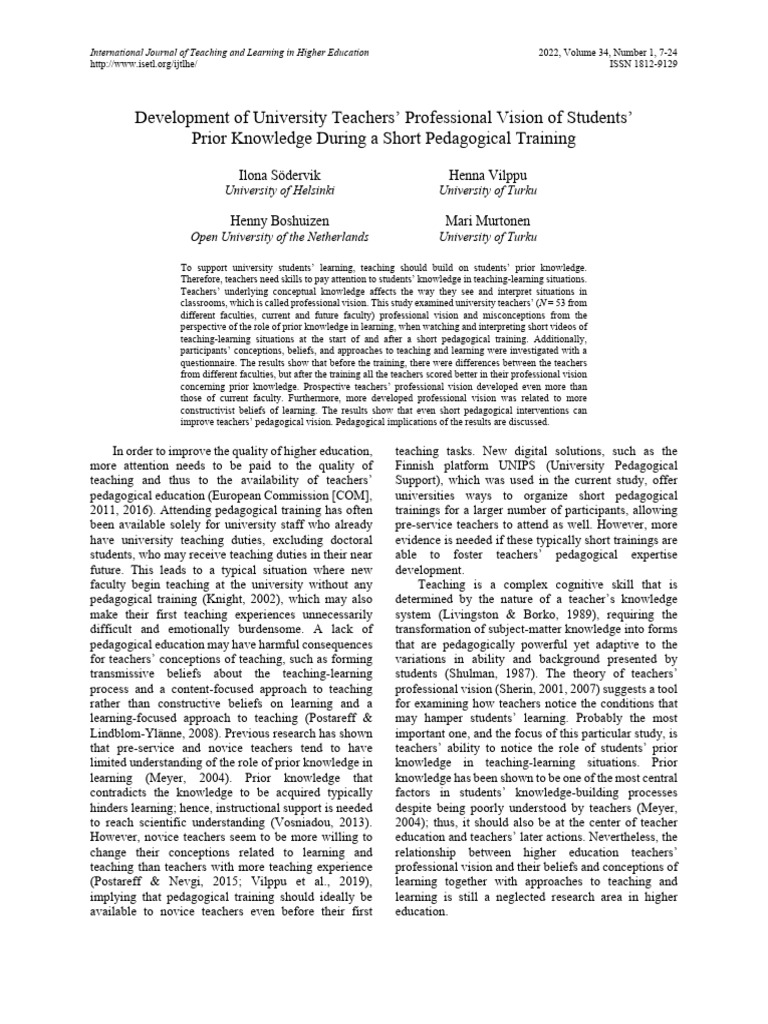 Development of University Teachers Professional Vision of Students ...