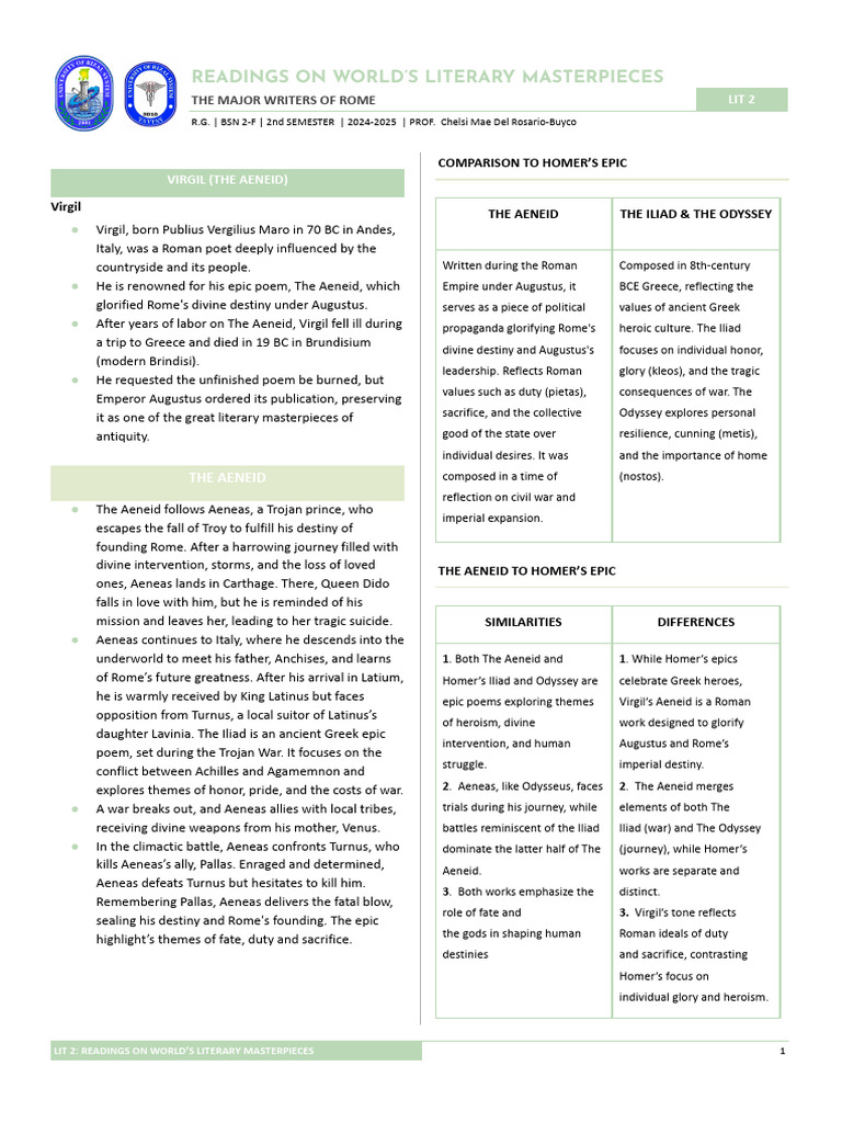The Major Writers of Rome C | PDF | Aeneid | Aeneas