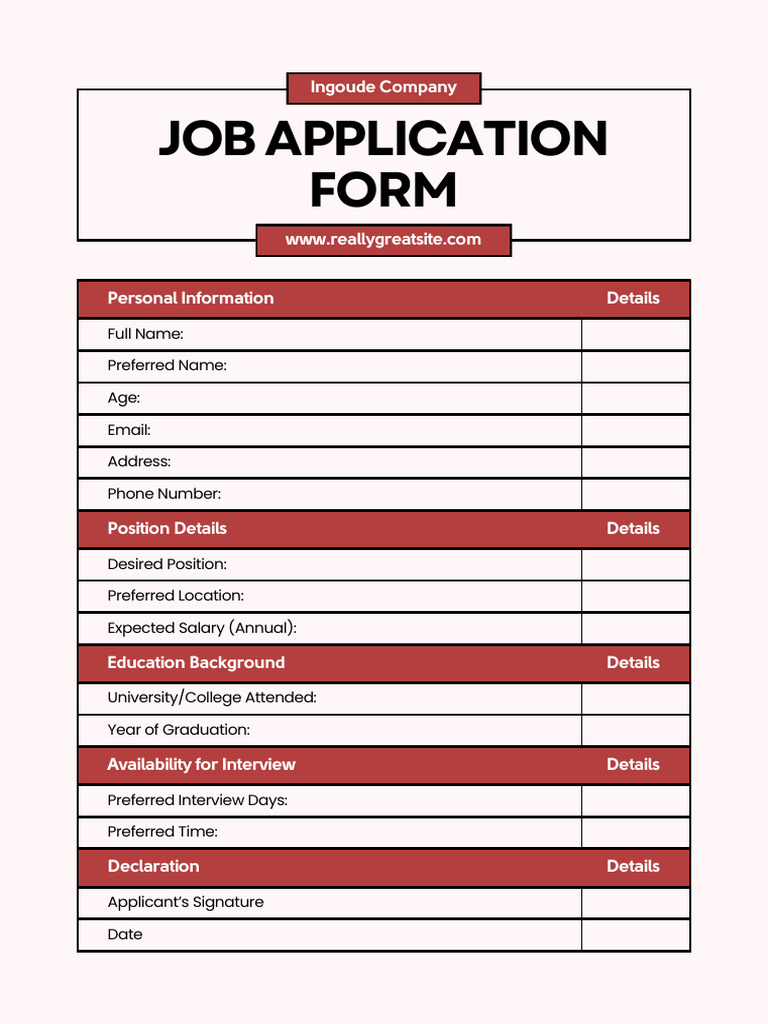 Red and Black Simple Modern Job Application Form A4 Document | PDF
