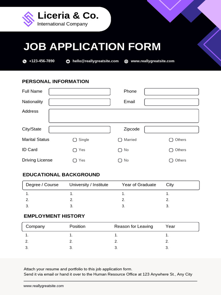 Black and White Modern Professional Job Application Form Document A4 | PDF